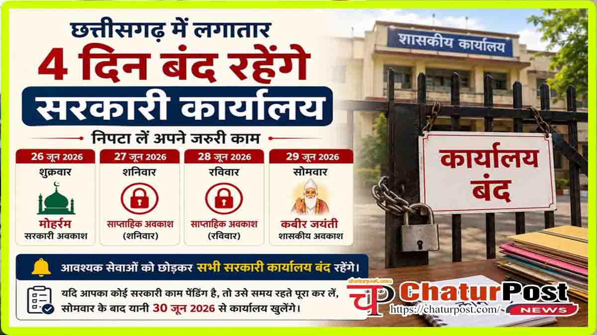 Government Holiday: छत्तीसगढ़ में लगातार 4 दिन बंद रहेंगे सभी कार्यालय